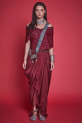 Marsala Red Embroidered Dhoti Set by Jade By Monica And Karishma at ...