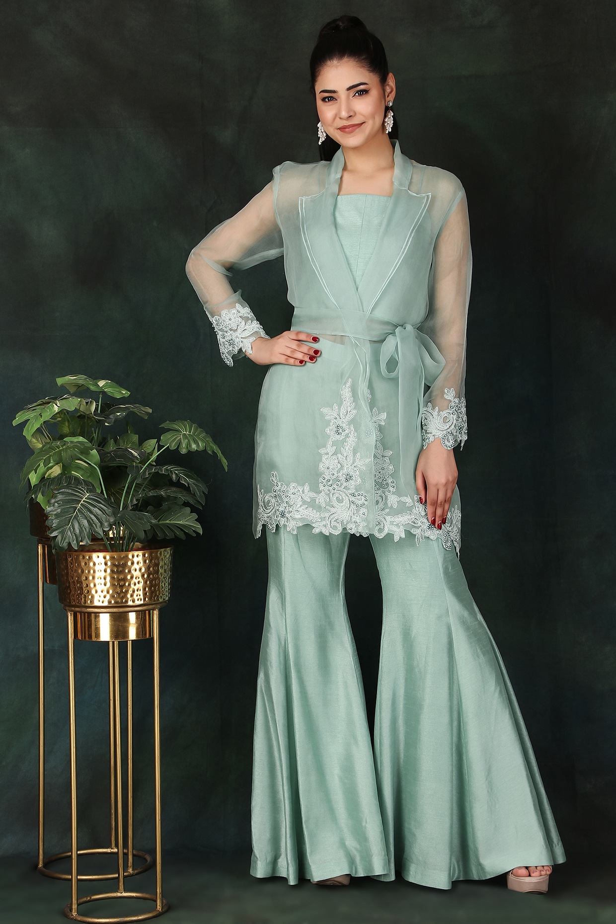 Aqua Organza & Dolla Silk Thread Work Jacket Set by Nidhi Kejriwal at ...