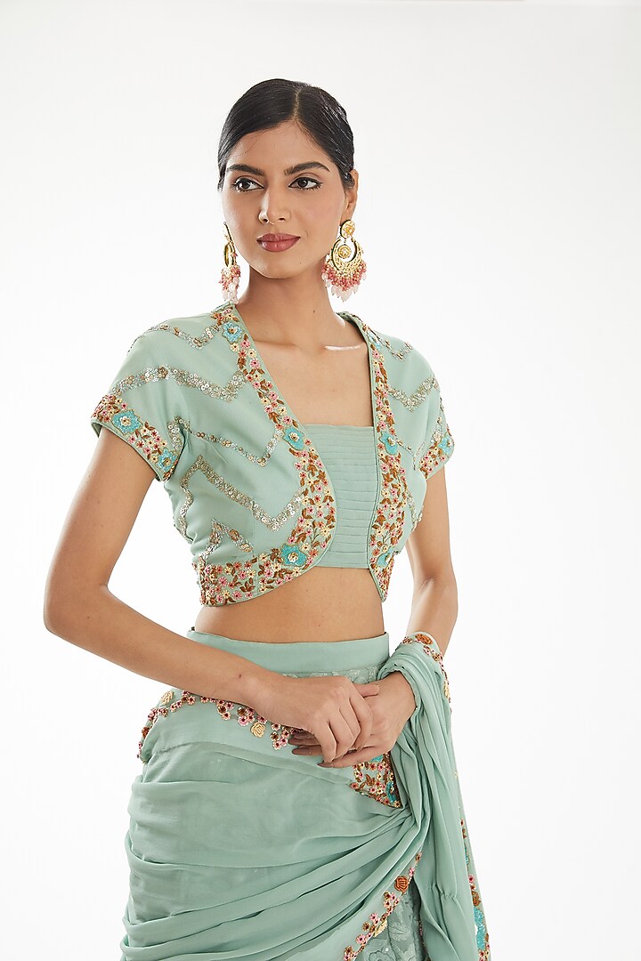 Firozi Georgette Thread & Sequins Work Jacket Lehenga Saree Set by ...