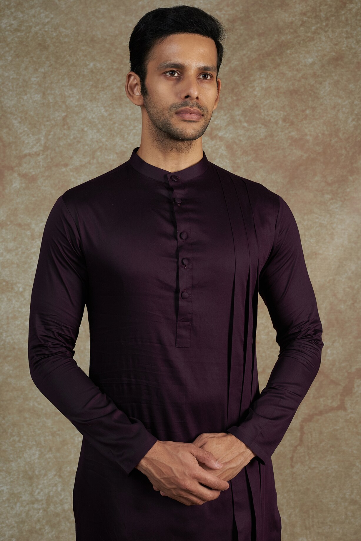 Wine Cotton Satin Pleated Kurta Set by JAMA ART OF DRESSING at Pernia's ...