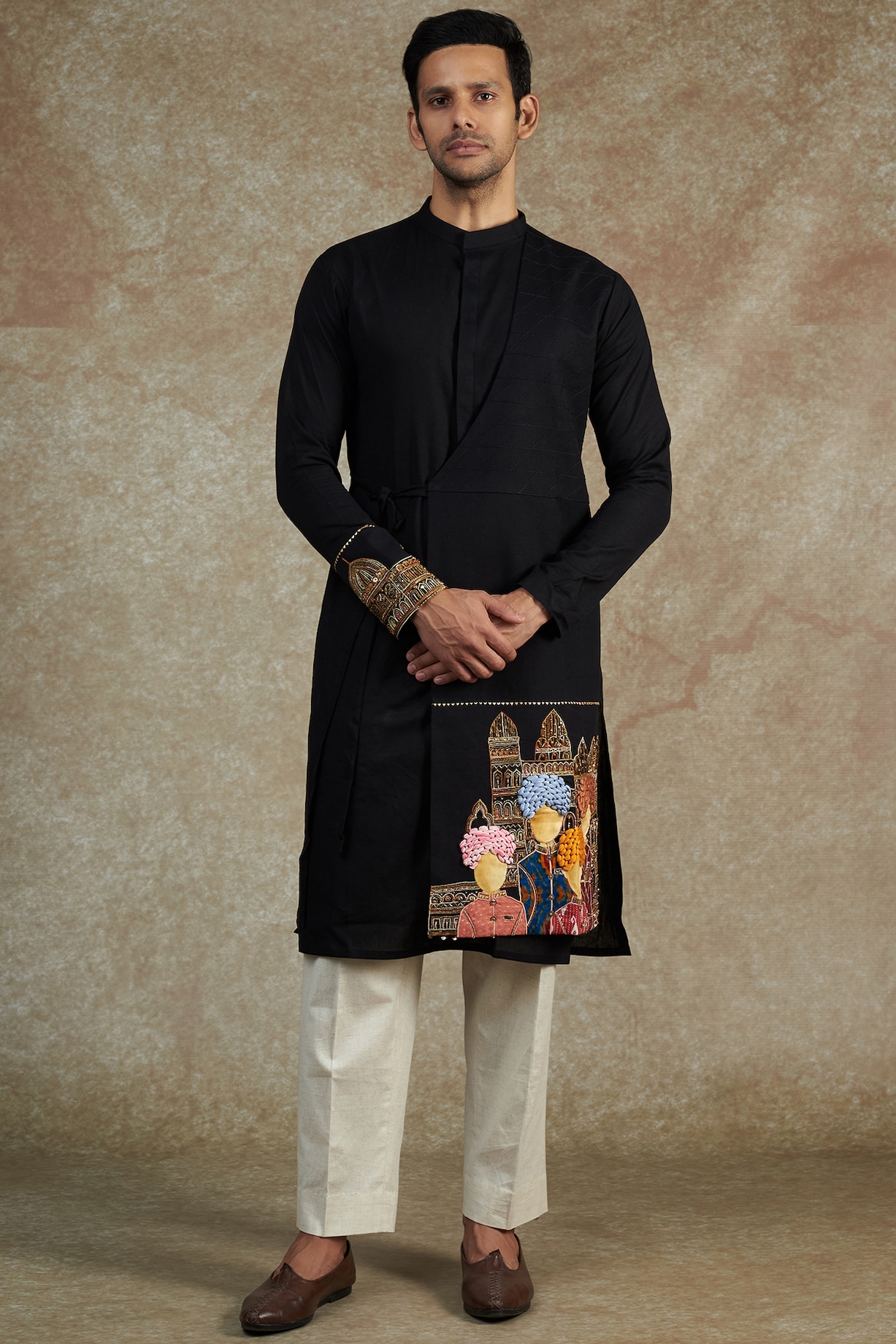 Black Cotton Embroidered & Hand Painted Kurta Set by JAMA ART OF ...