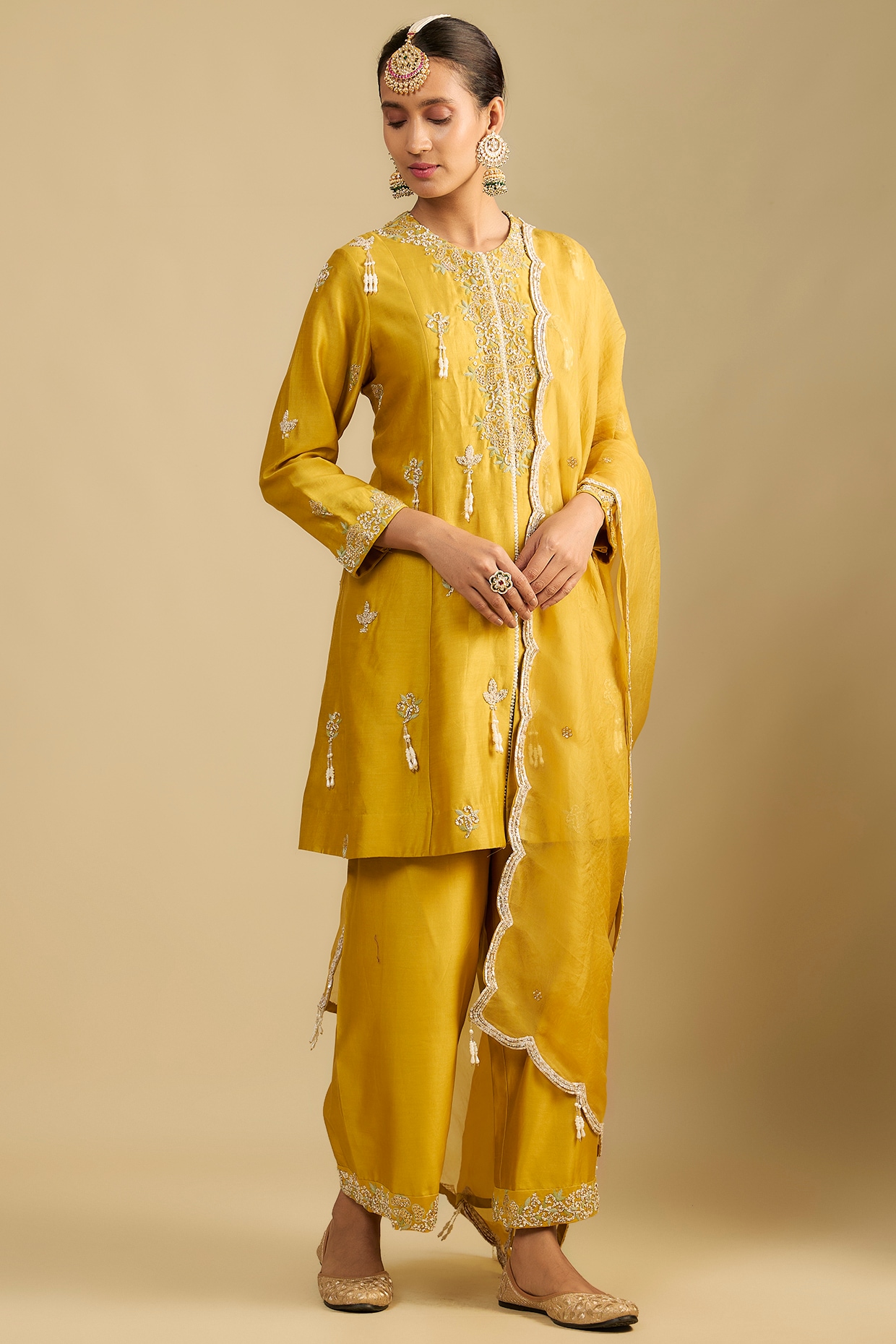 Mustard Chanderi Silk Thread Work Tunic Set by Jaya Rathore at Pernia's ...