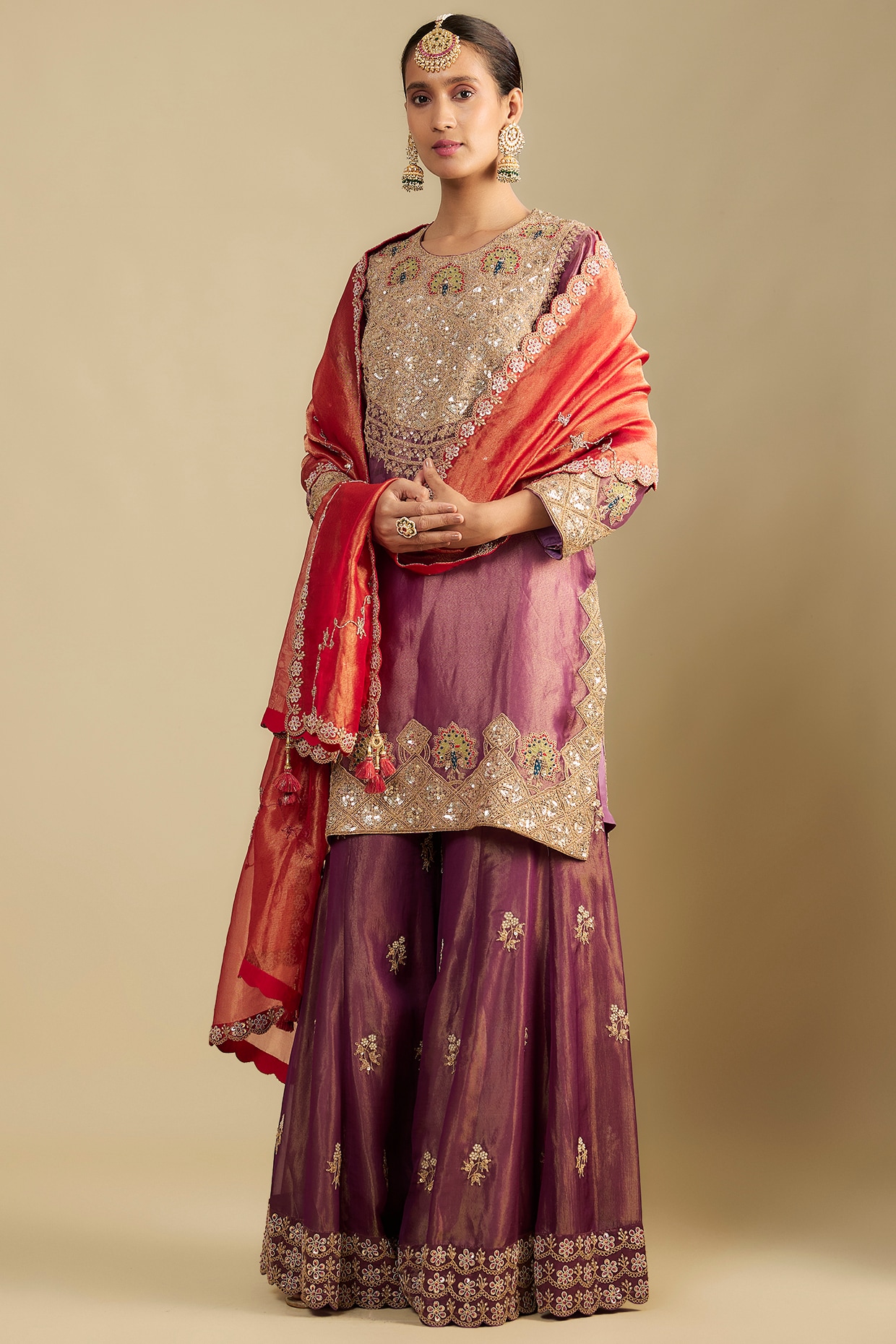 Purple Tissue Embroidered Bridal Sharara Set by Jaya Rathore at Pernia ...