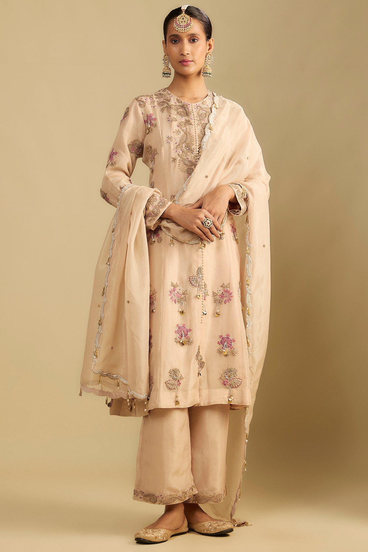Peach Shimmer Tissue Thread & Pearl Embroidered Tunic Set by Jaya ...