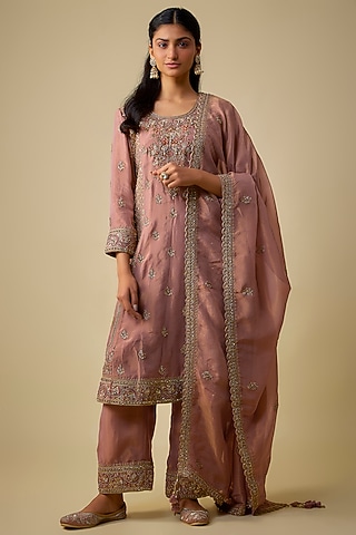Onion Pink Shimmer Tissue Embroidered Tunic Set by Jaya Rathore at ...