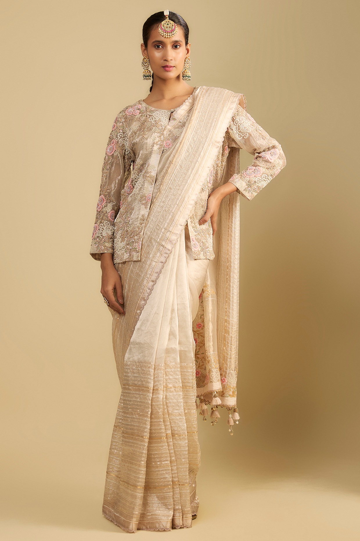 Ivory Tissue Moti & Thread Embroidered Jacket Reception Saree Set by ...