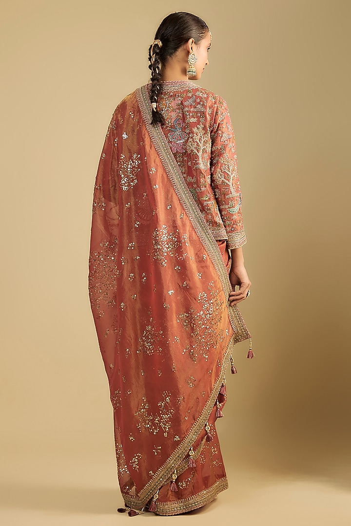 Rust Shimmer Tissue Thread Work Jacket Reception Saree Set by Jaya ...
