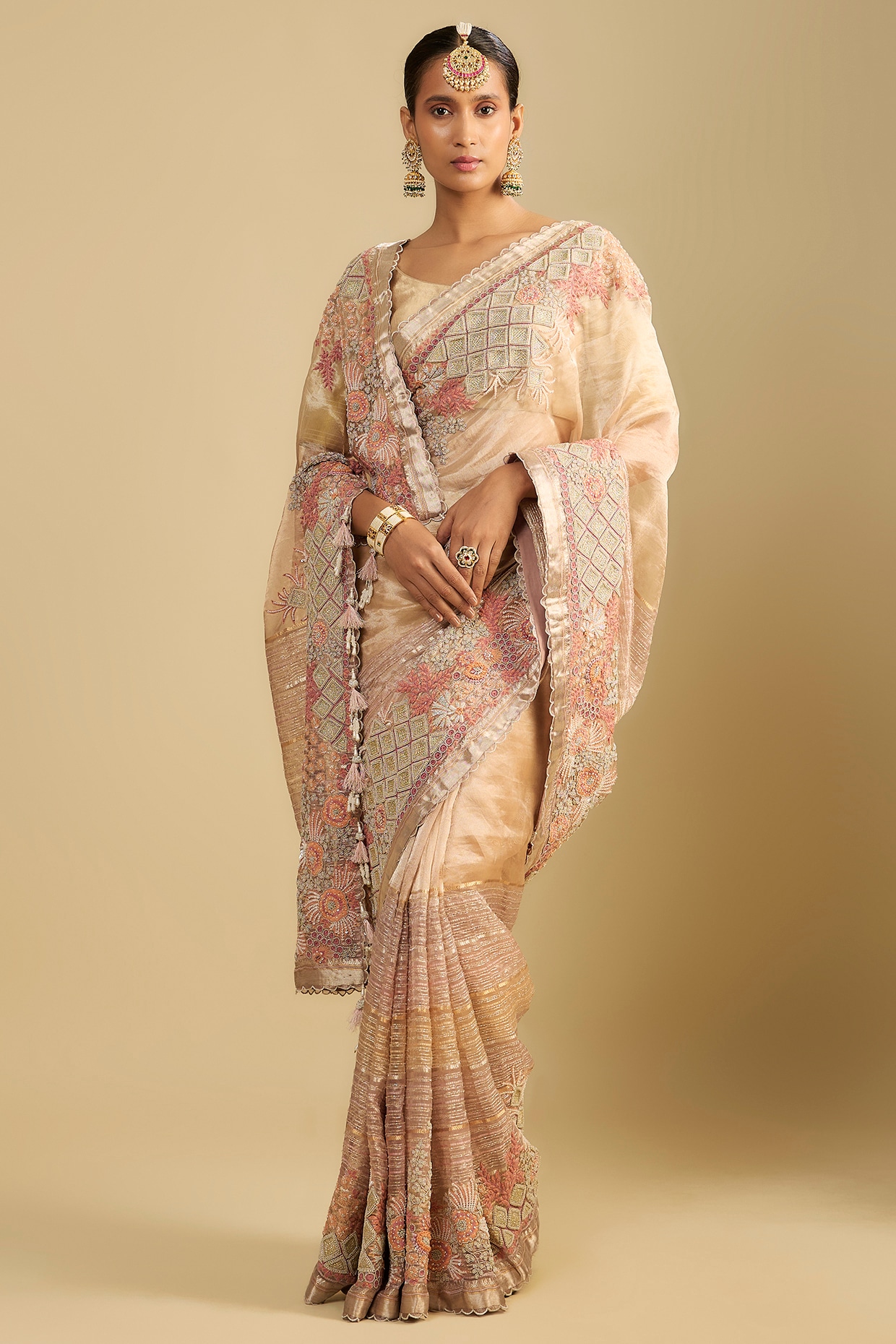 Peach Tissue Pearl Embroidered Reception Saree Set by Jaya Rathore at ...