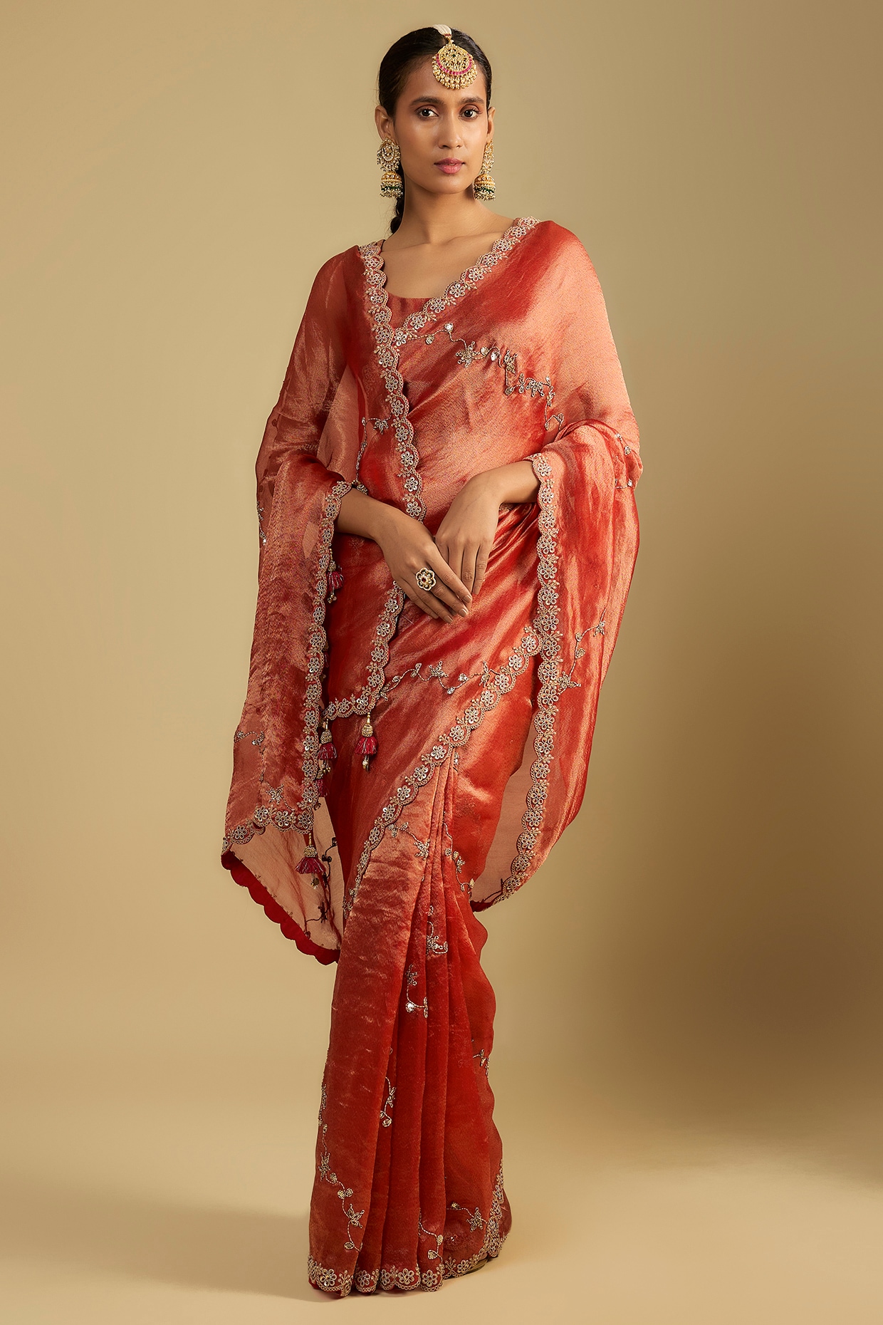 Red Tissue Dori & Thread Embellished Wedding Saree Set by Jaya Rathore ...