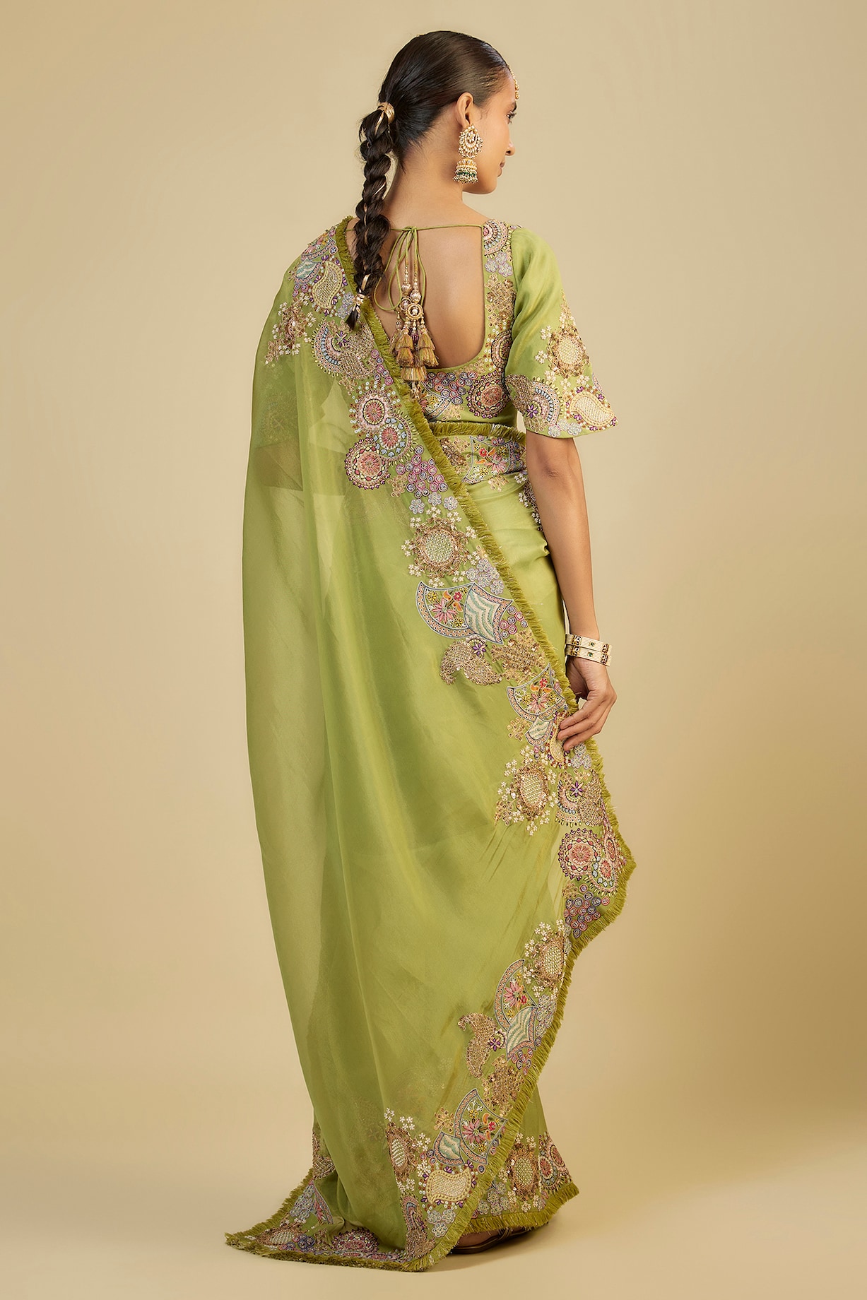 Green Shimmer Tissue Thread Work Reception Saree Set by Jaya Rathore at ...