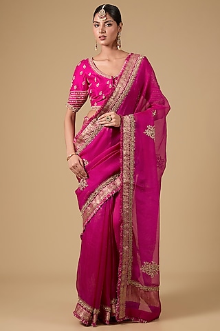 Fuchsia Pink Handloom Boota Embroidered Reception Saree Set by Jaya ...