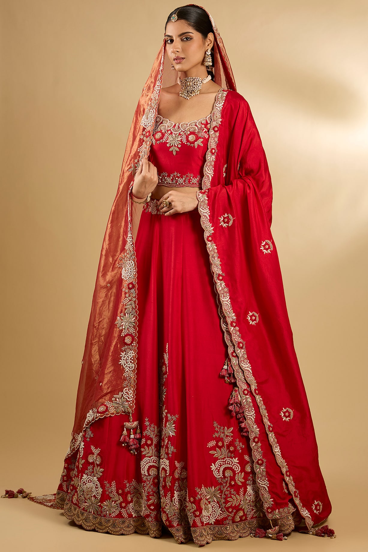 Red Silk & Organza Threadwork Bridal Lehenga Set by Jaya Rathore at ...