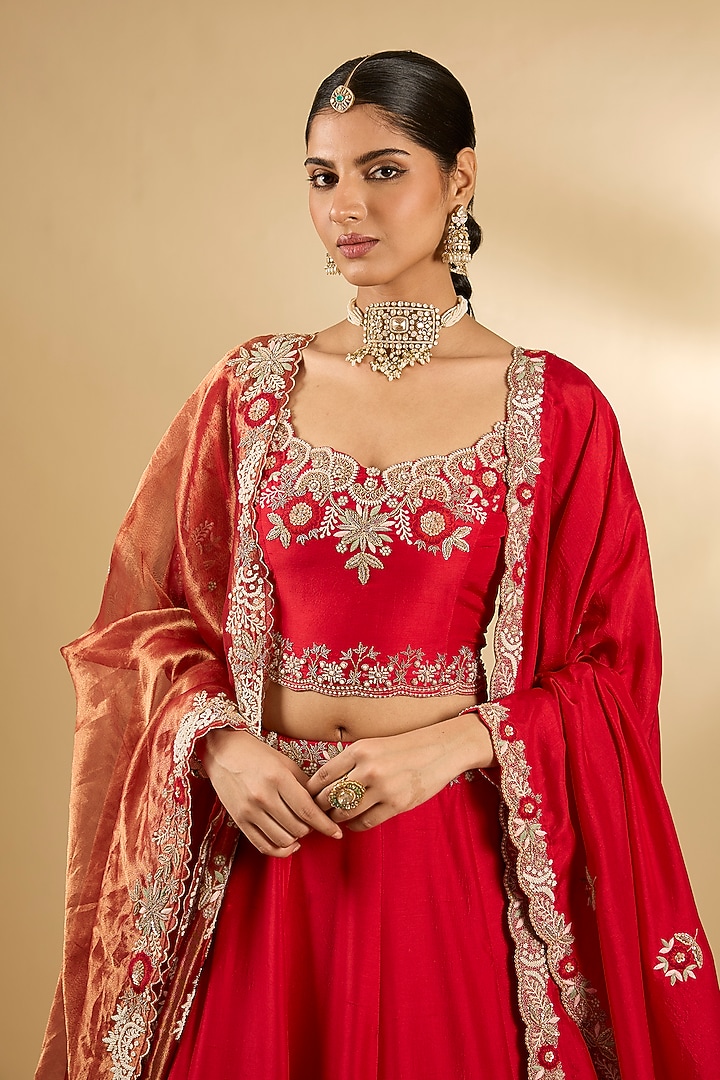 Red Silk & Organza Threadwork Bridal Lehenga Set by Jaya Rathore at ...