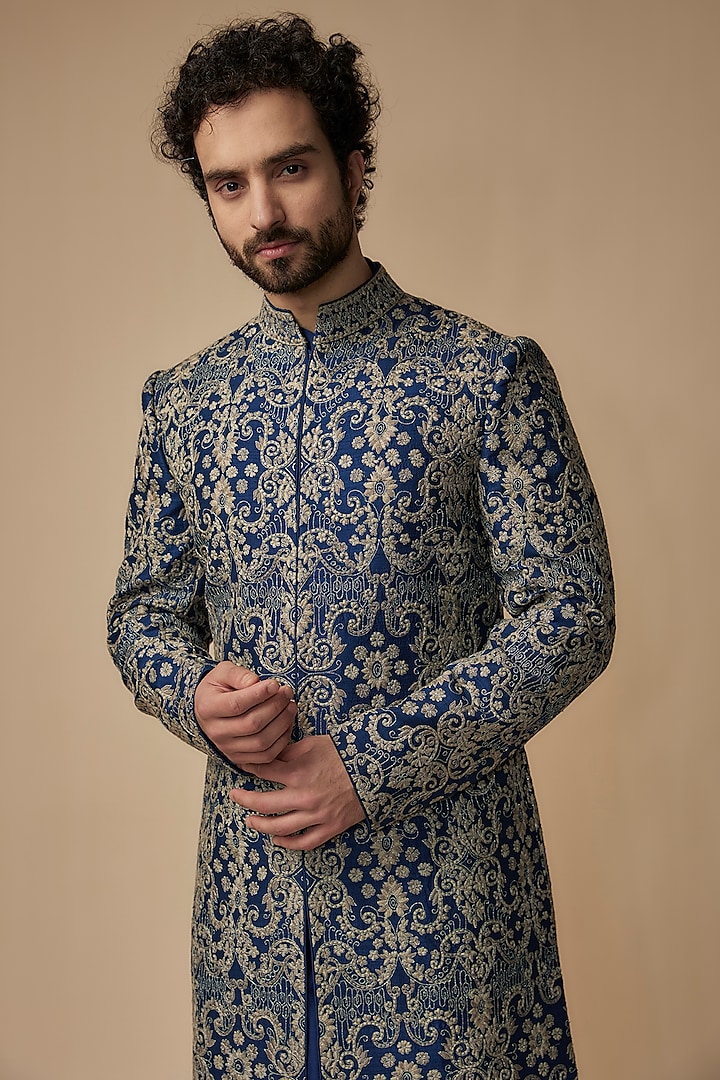 Buy JAYANTI REDDY MEN Blue Raw Silk Embroidered Sherwani Set at Pernia ...