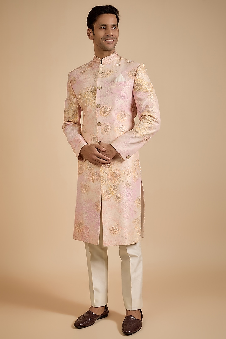 Pink Cotton Silk Wedding Sherwani Set by Jayesh and Kaajal Shah at ...