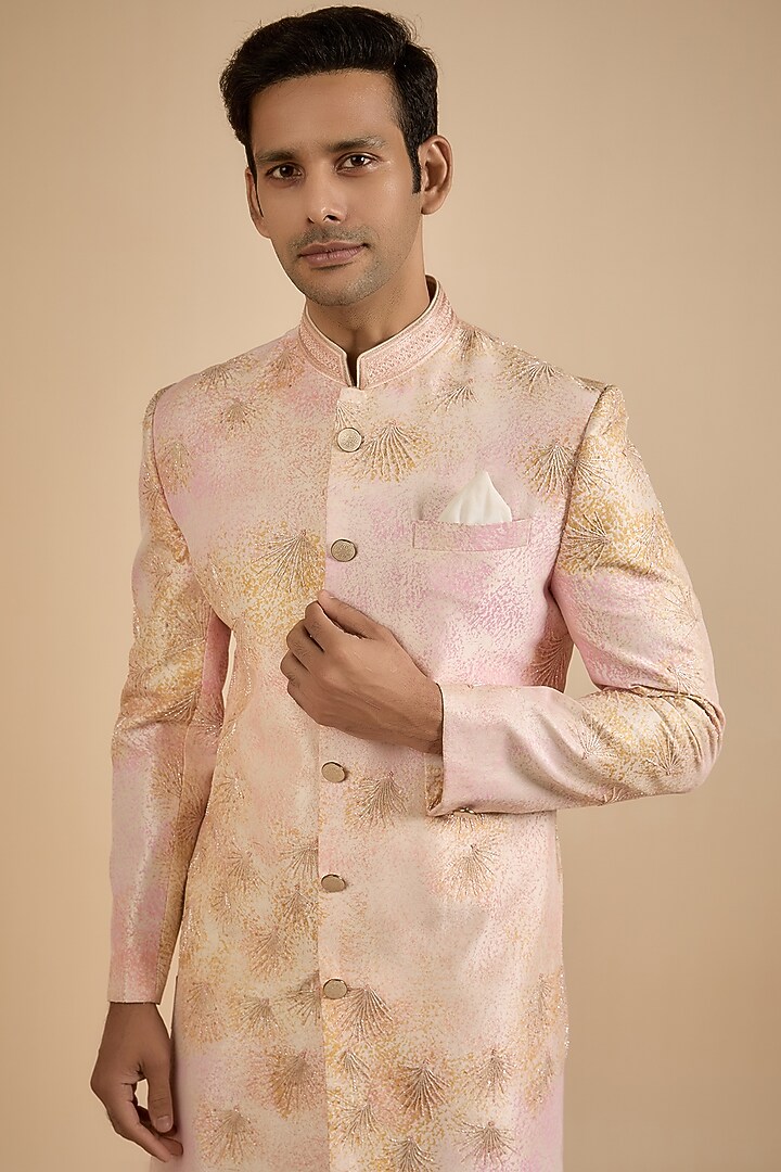 Pink Cotton Silk Wedding Sherwani Set by Jayesh and Kaajal Shah at ...