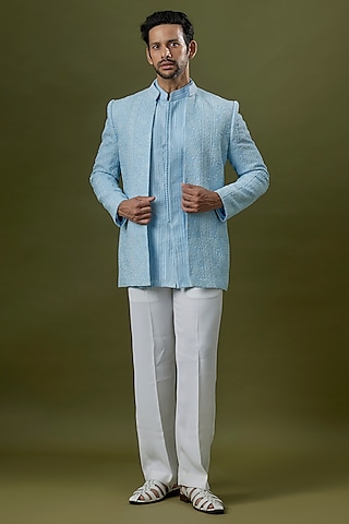 Blue Raw Silk Thread Embroidered Wedding Indowestern Set by Jayesh and ...