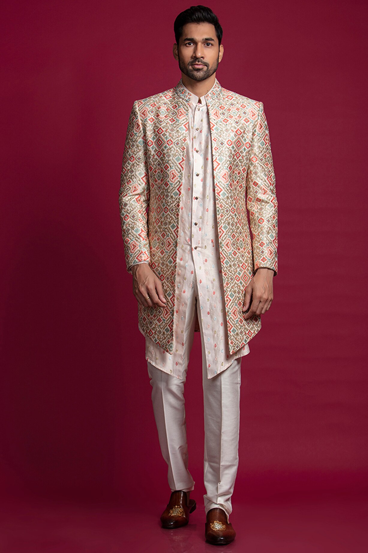Buy Jayesh and Kaajal Shah Cream Silk Blend Embroidered Indowestern Set ...