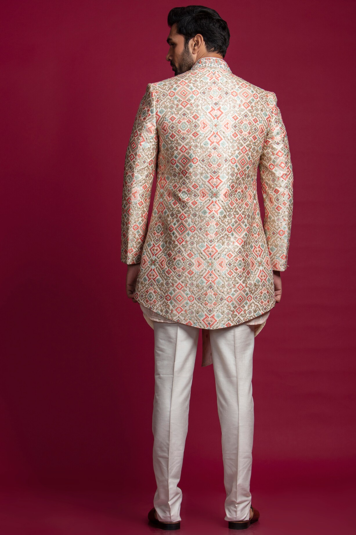 Buy Jayesh and Kaajal Shah Cream Silk Blend Embroidered Indowestern Set ...
