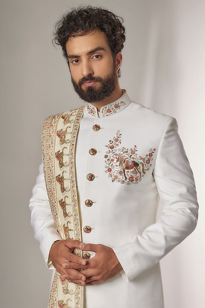 White Matka Silk Hand Embroidered Wedding Sherwani Set by Jayesh and ...