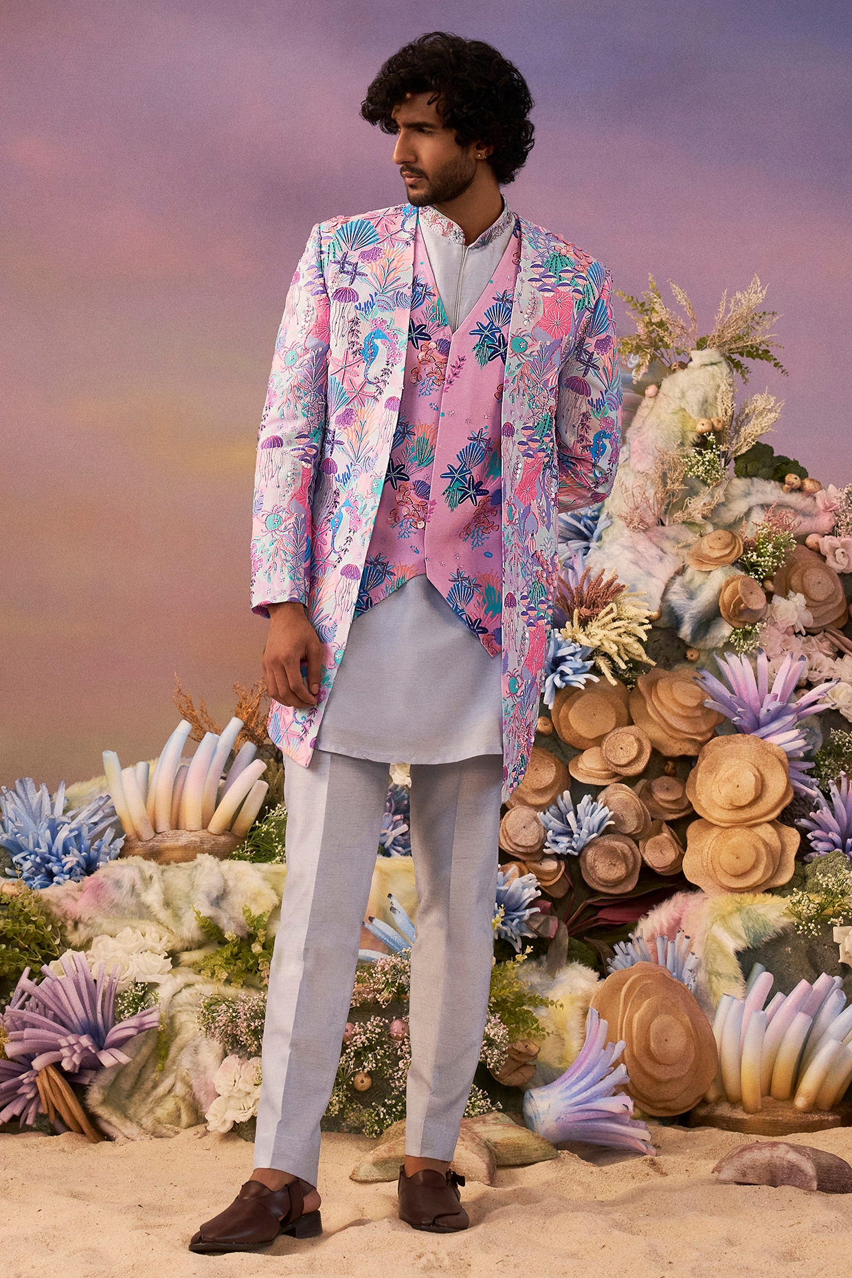 Pink Silk Printed Indowestern Set by Jayesh and Kaajal Shah at Pernia's ...