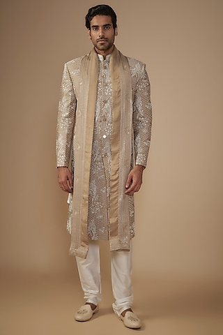 Biscuit Brown Silk Thread & Bead Embroidered Groom Sherwani Set by ...