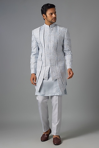 Sky Blue Silk Zari & Thread Embroidered Nehru Jacket Set by Jayesh and ...