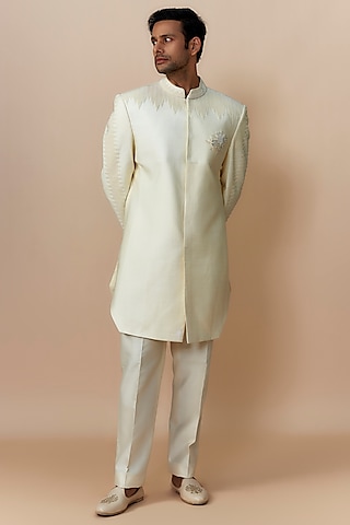Cream Raw Silk Thread Embroidered Indo-Western Set by Jayesh and Kaajal ...