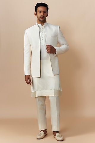 Ivory Raw Silk Thread Embroidered Indo-Western Set by Jayesh and Kaajal ...