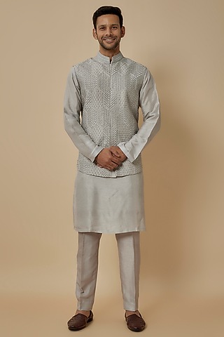 Grey Silk Thread Embroidered Nehru Jacket Set by Jayesh and Kaajal Shah ...
