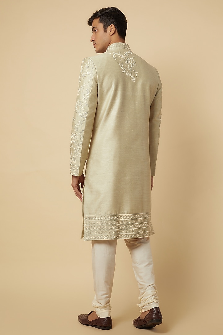 Sage Green Raw Silk Sherwani Set Design by Jayesh and Kaajal Shah at ...