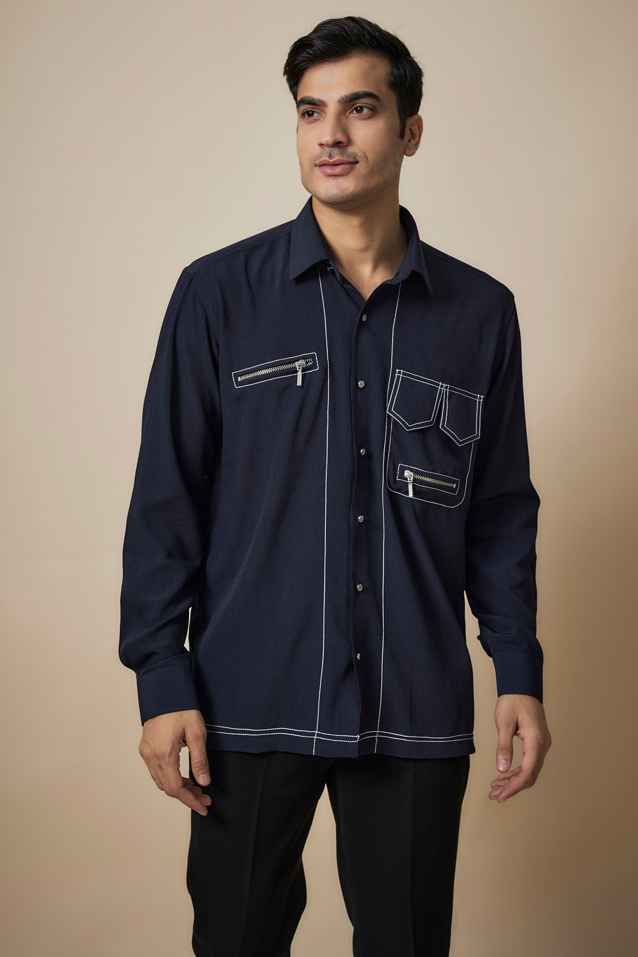 Navy Blue Knitted Fabric Shirt by Jayesh and Kaajal Shah at Pernia's ...