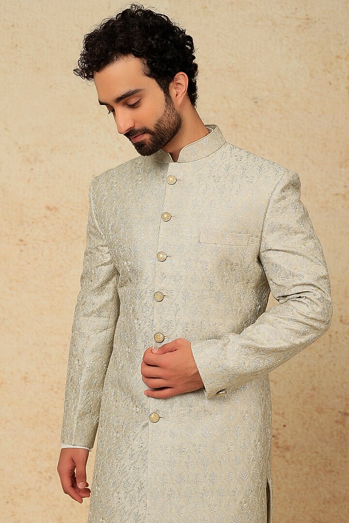 Mint Olive Machine Embroidered Wedding Sherwani Set by Jayesh and ...