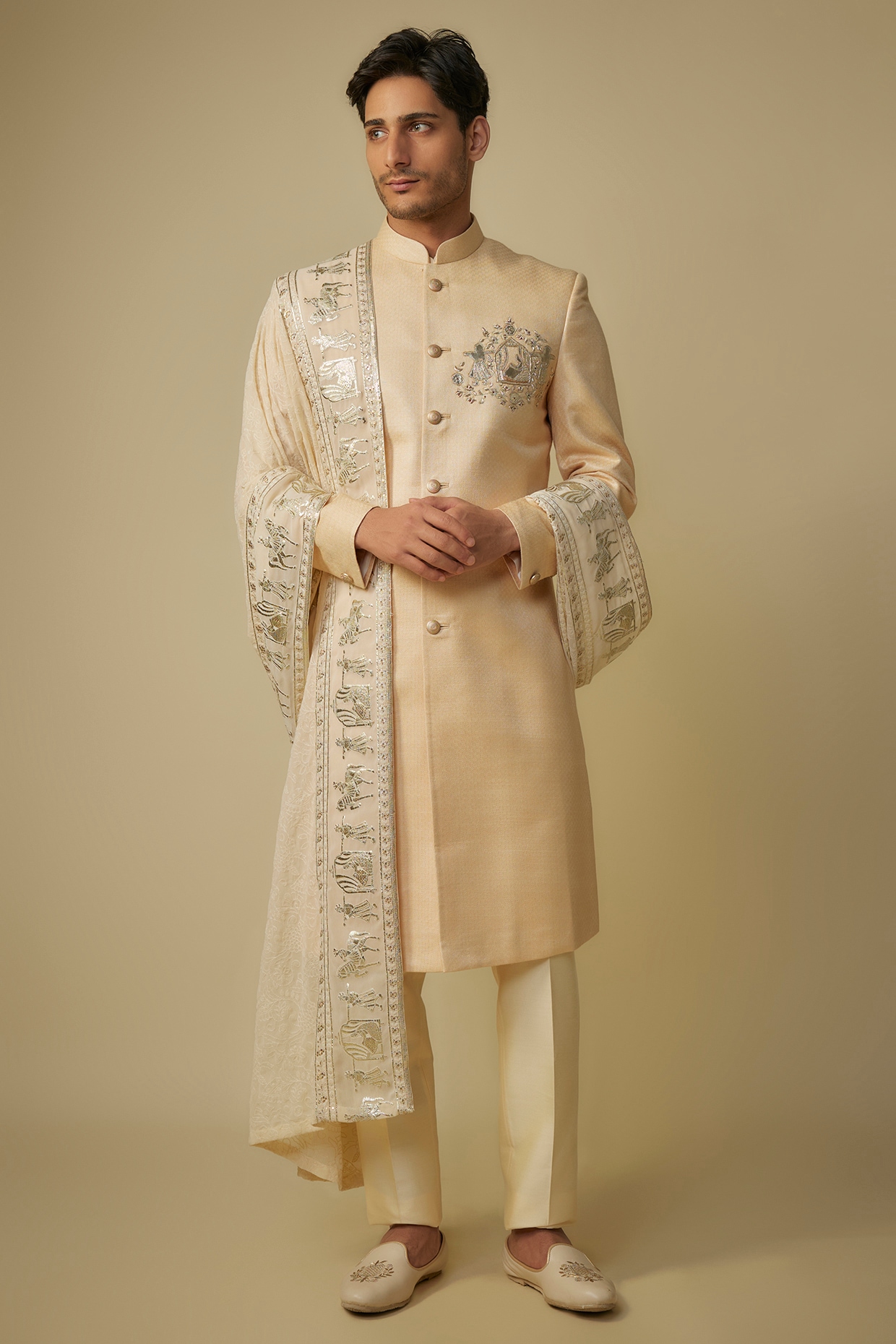 Gold Herringbone Fabric Motif Work Wedding Sherwani Set by Jayesh and ...