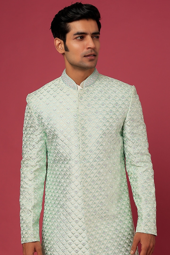 Mint Green Silk Printed & Hand Embroidered Wedding Sherwani Set by ...