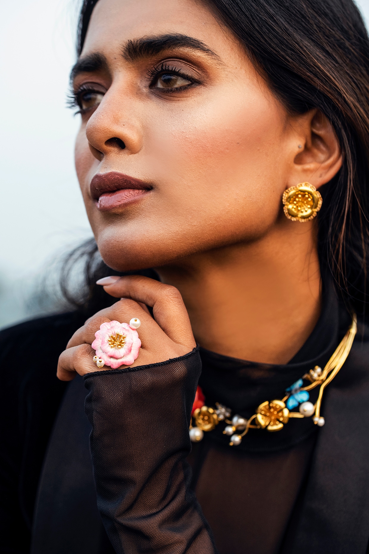 Gold Finish Enameled Pearl Floral Ring by Jewellery by Astha Jagwani at ...