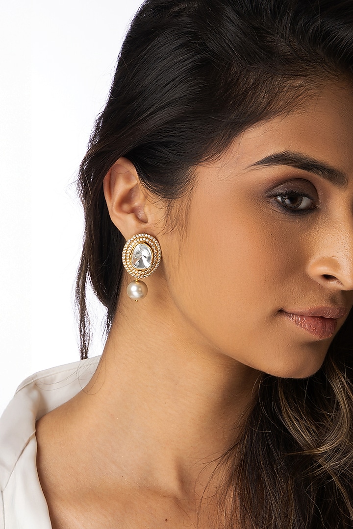 Gold Plated Pear-Shaped White Stone Dangler Earrings by Joules By ...