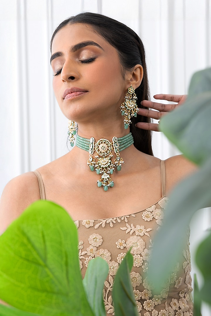 Gold Plated Green Beaded Choker Necklace Set by Joules By Radhika at ...