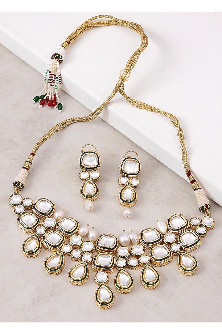 Gold Finish Kundan Polki Choker Necklace Set by Joules By Radhika at Pernia's Pop Up Shop 2024