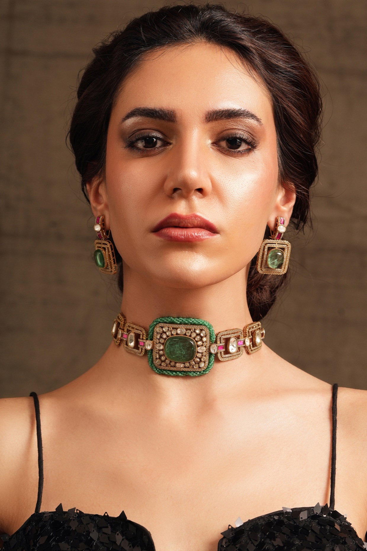 Gold Finish Pink & Green Stone Choker Necklace Set by Joules By Radhika ...