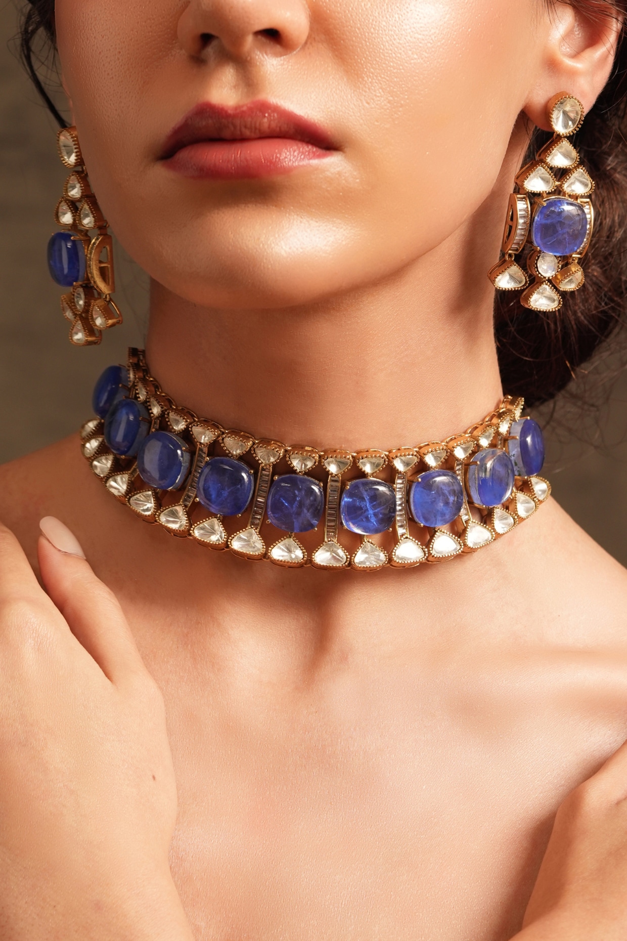 Gold Finish Blue Stone Choker Necklace Set by Joules By Radhika at ...
