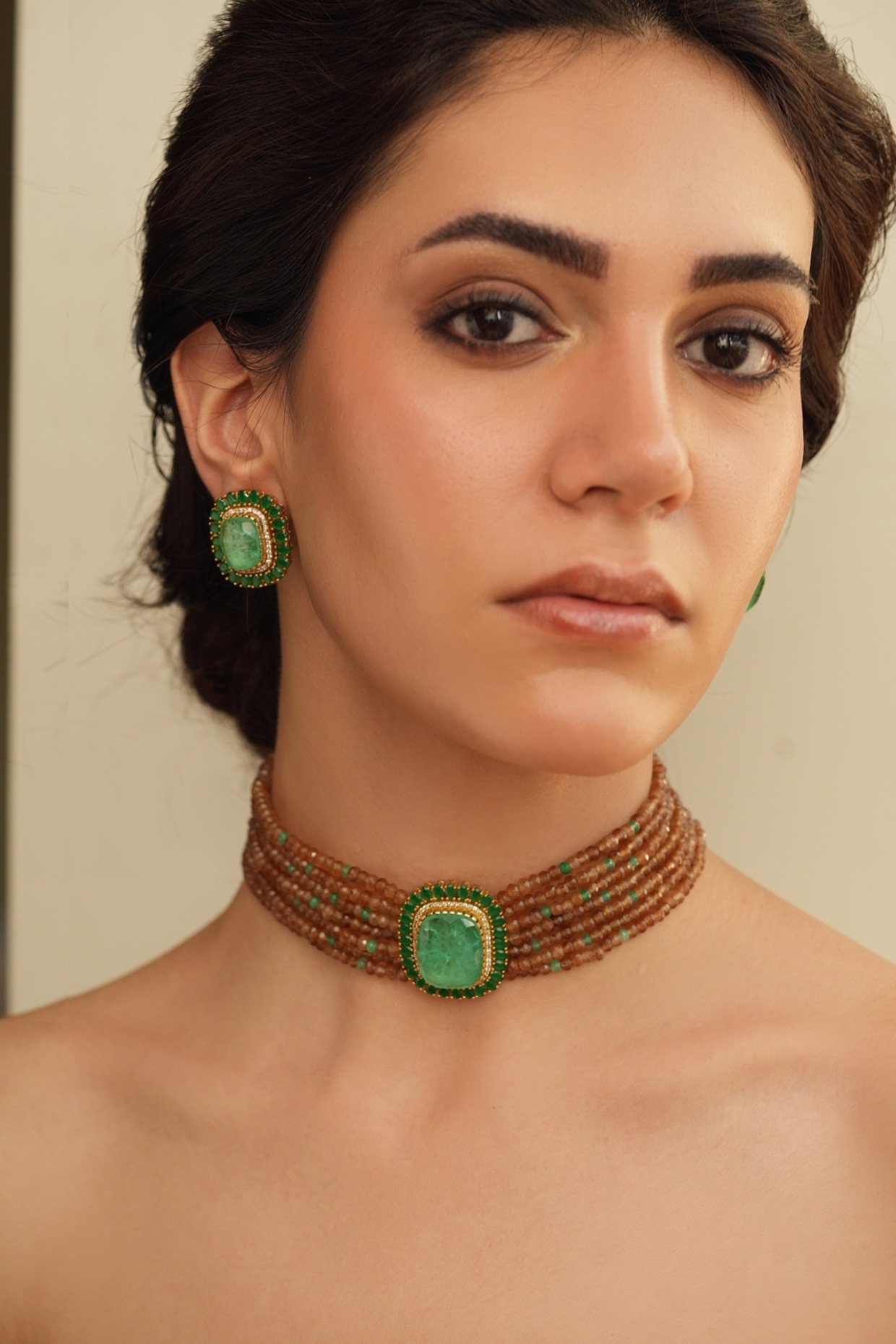Gold Finish Rust Beaded & Green Stone Choker Necklace Set by Joules By ...
