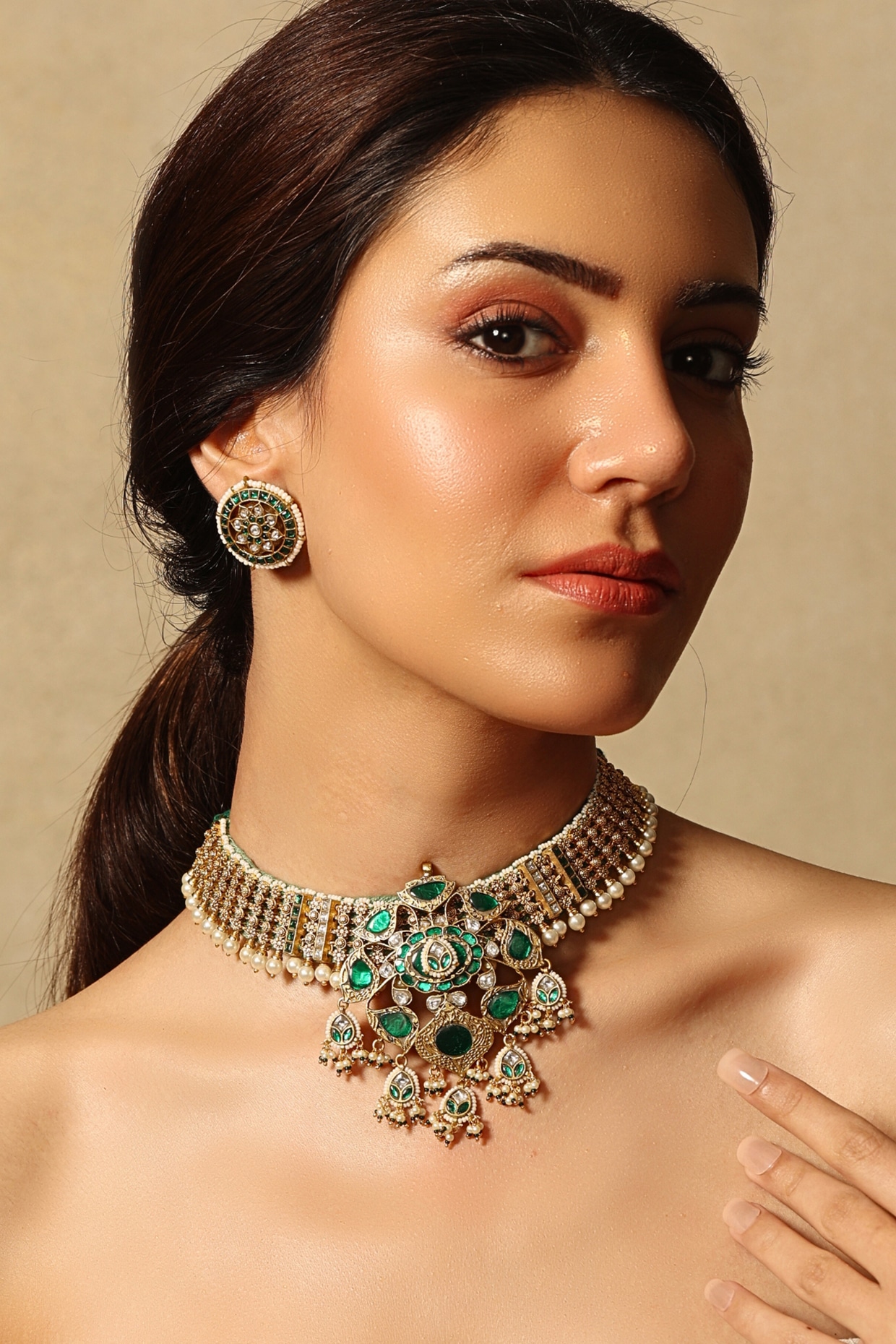 Gold Finish Green Stone Choker Necklace Set by Joules By Radhika at ...