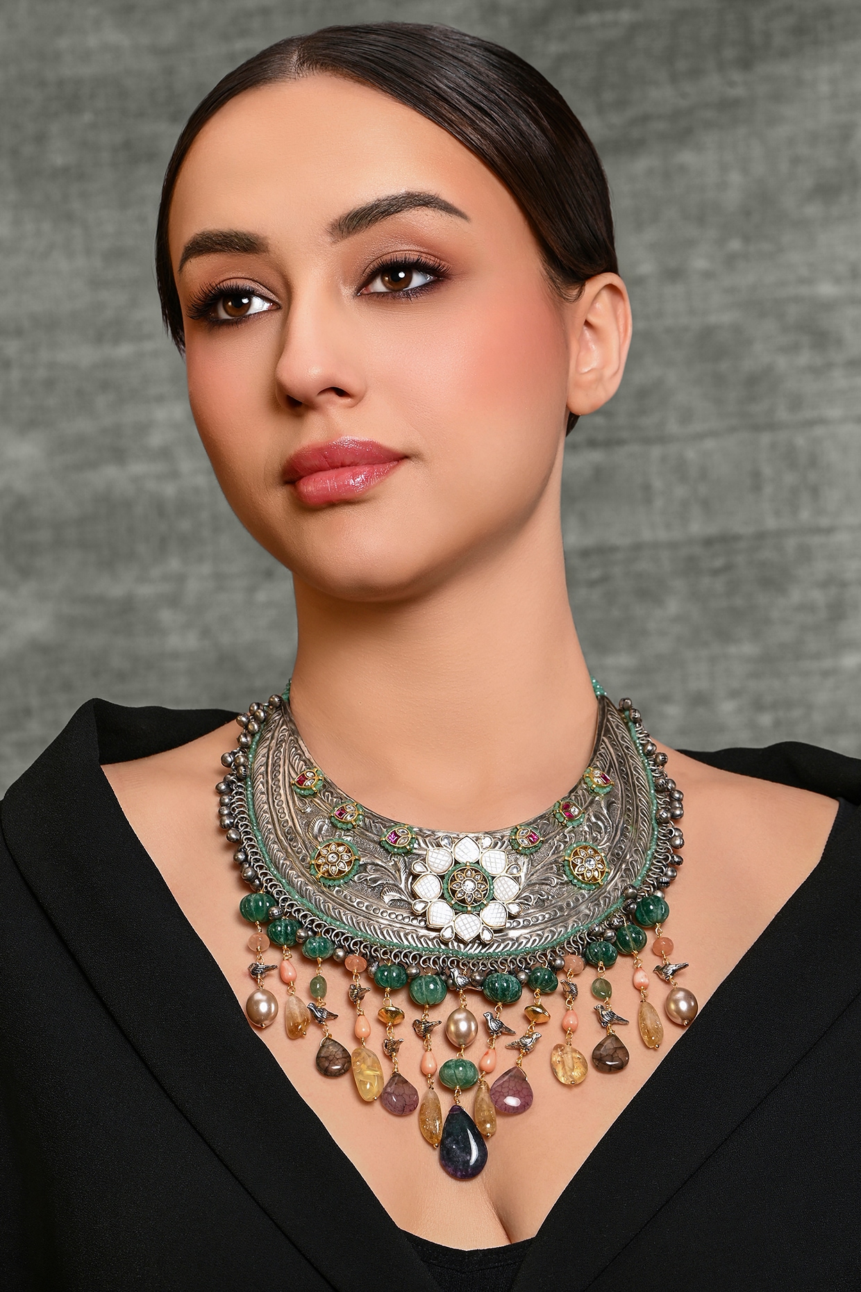 Gold Finish Multi-Colored Stone Necklace by Joules By Radhika at Pernia ...