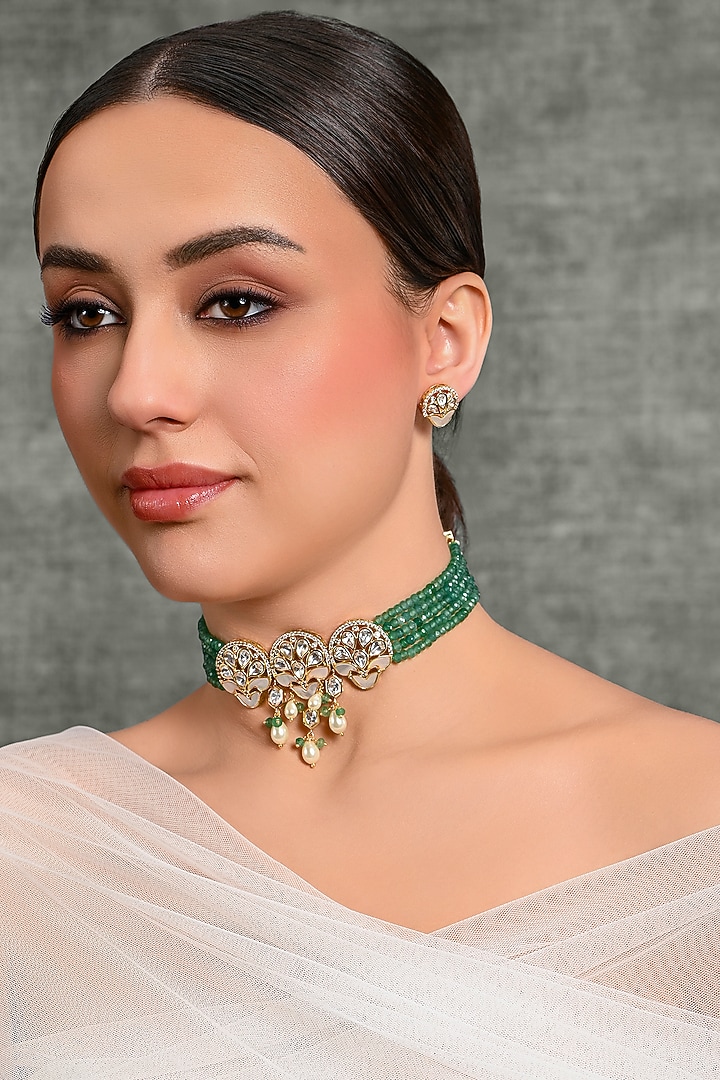 Gold Finish Green Stone Choker Necklace Set by Joules By Radhika at ...