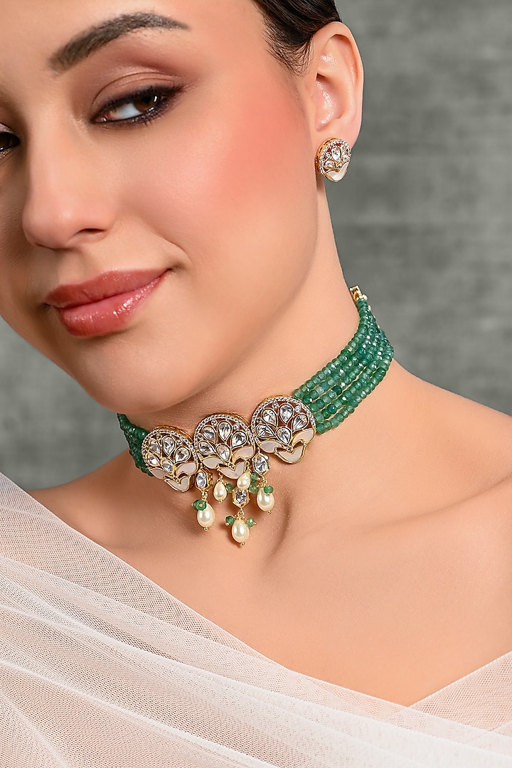 Gold Finish Green Stone Choker Necklace Set by Joules By Radhika at ...