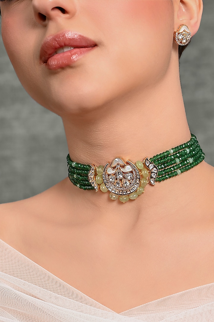 Gold Finish Green Stone Choker Necklace Set by Joules By Radhika at ...