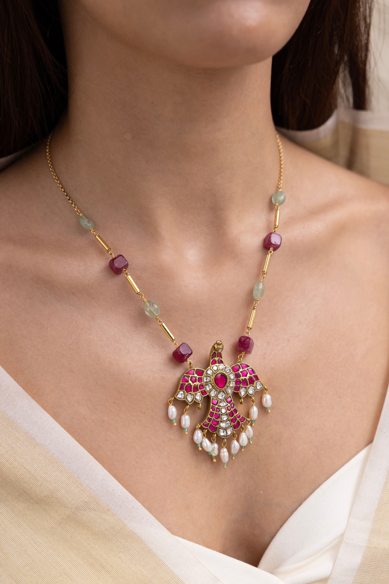 Gold Finish Ruby Stone Layered Necklace by Joules By Radhika at Pernia ...