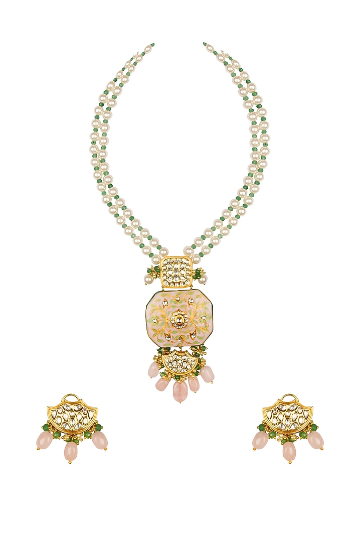 Gold Finish Jade & Shell Pearl Choker Necklace Set by Joules By Radhika ...