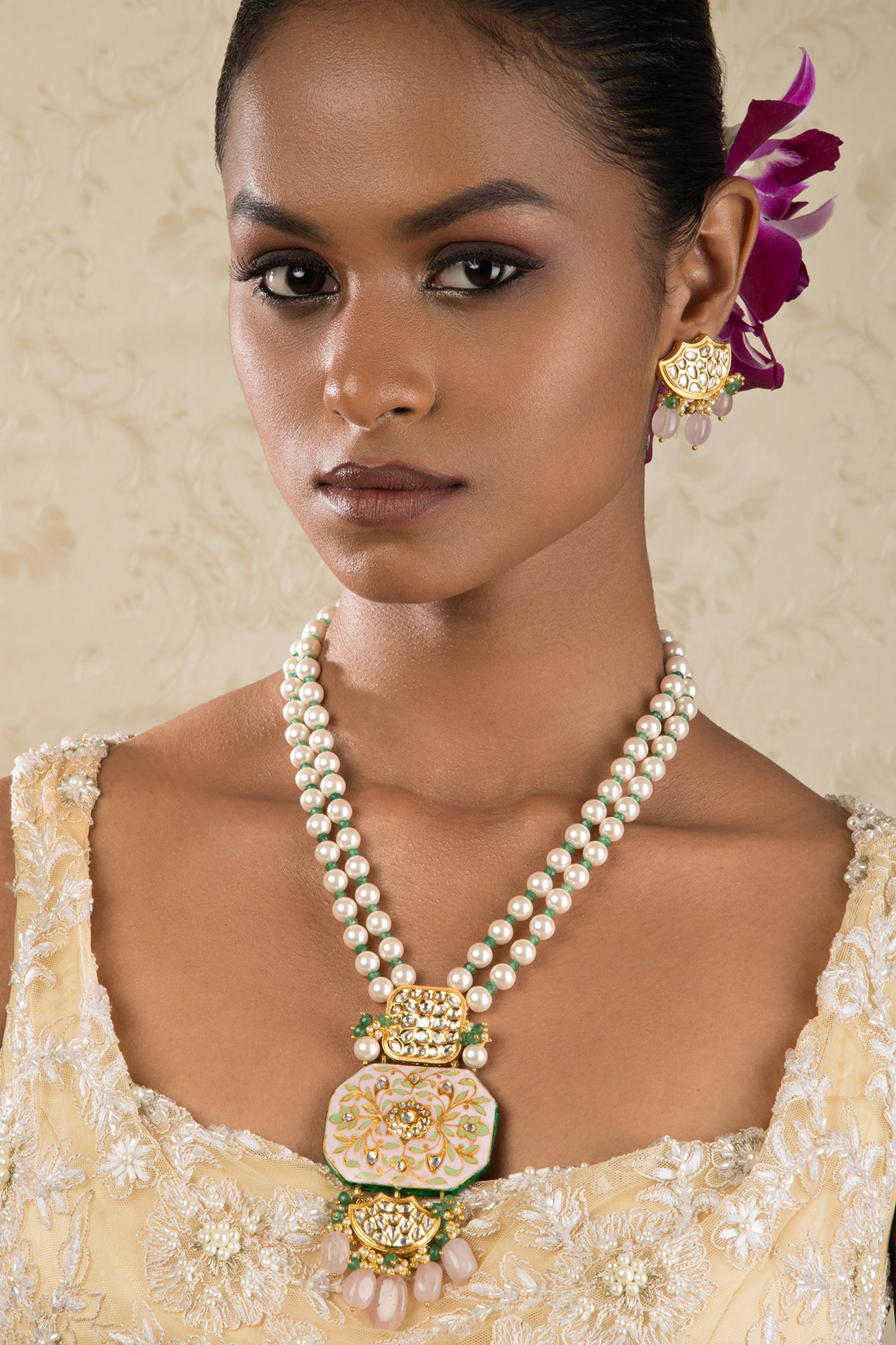 Gold Finish Jade & Shell Pearl Choker Necklace Set by Joules By Radhika ...